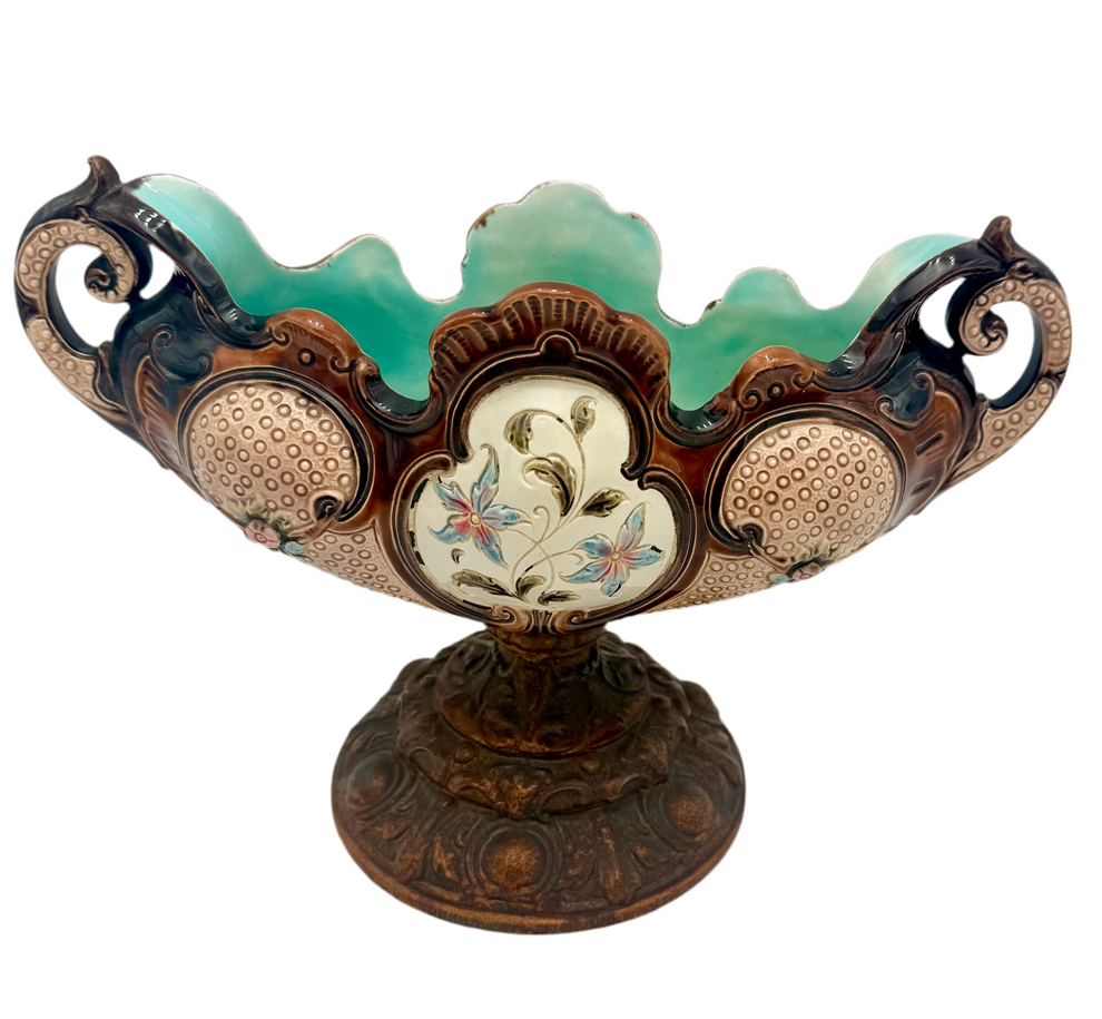ANTIQUE VICTORIAN MAJOLICA PEDESTAL PLANTER – HAND PAINTED FLORAL SCAL – Eclectic Whimsy